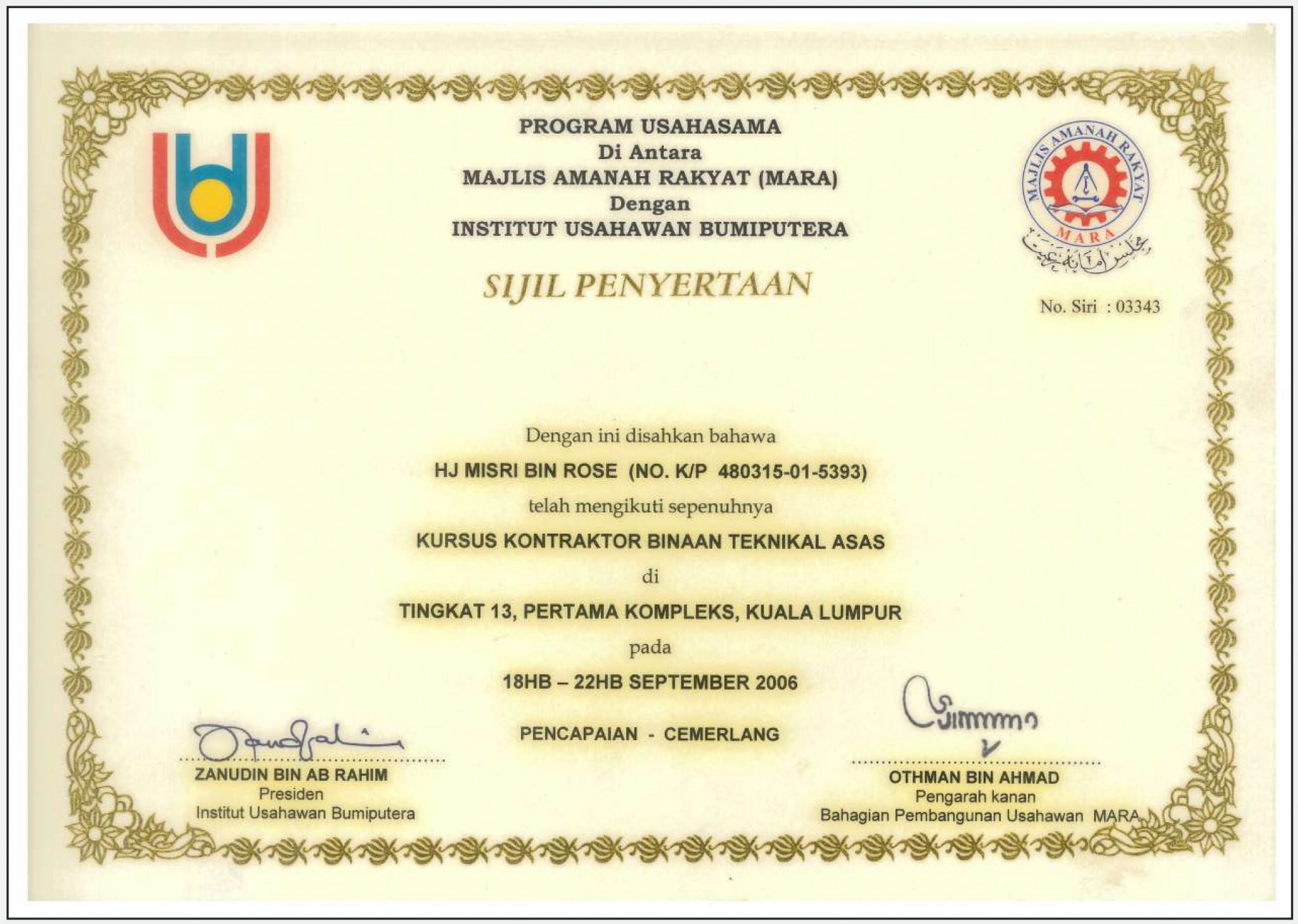Sijil Penyertaan Kursus – AFM Grata
