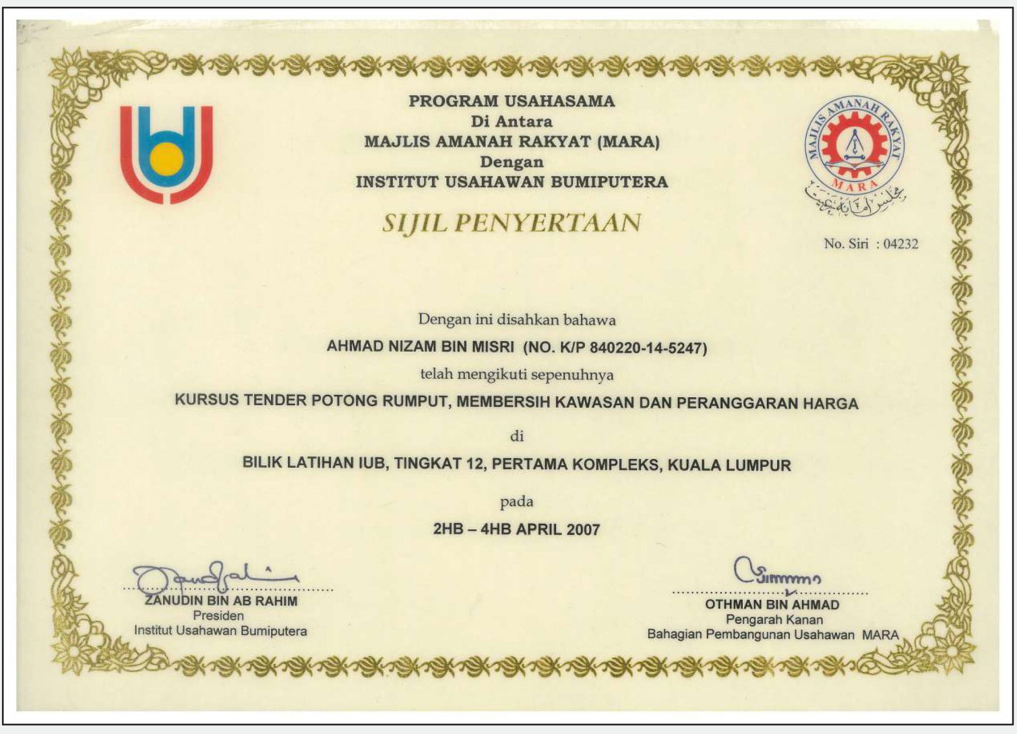 Sijil Penyertaan Kursus – AFM Grata